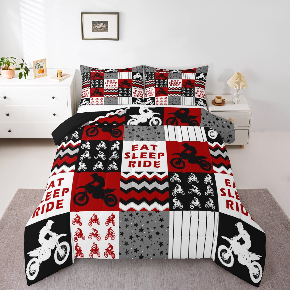Homewish Boys Dirt Bike Bedding Comforter Set, Black Red Buffalo Plaid ...