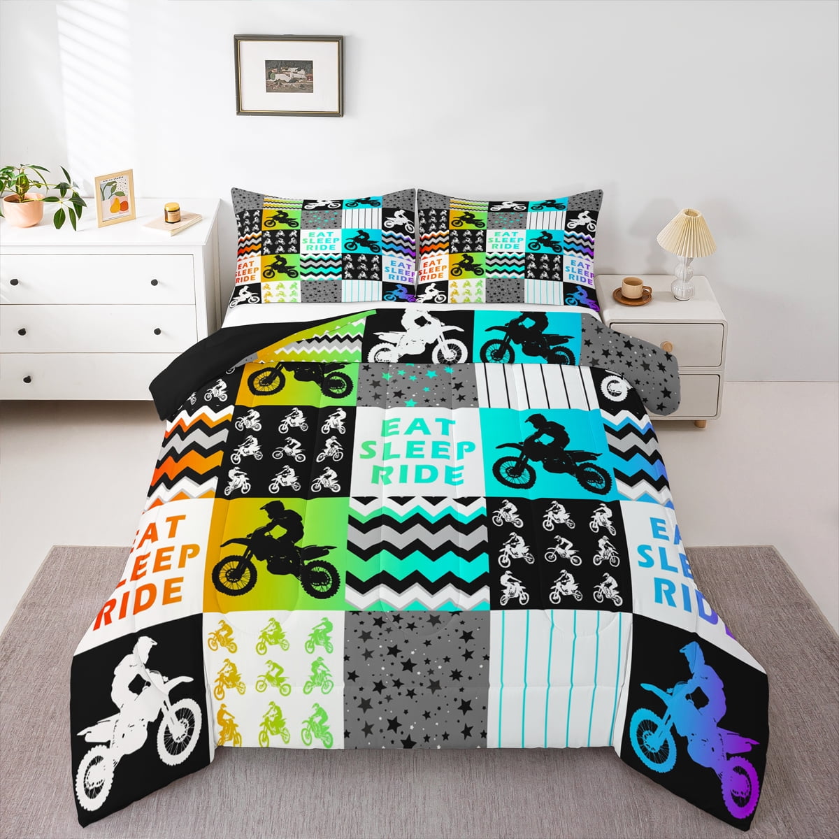 Homewish Boys Dirt Bike Bedding Comforter Set, Colorful Buffalo Plaid ...