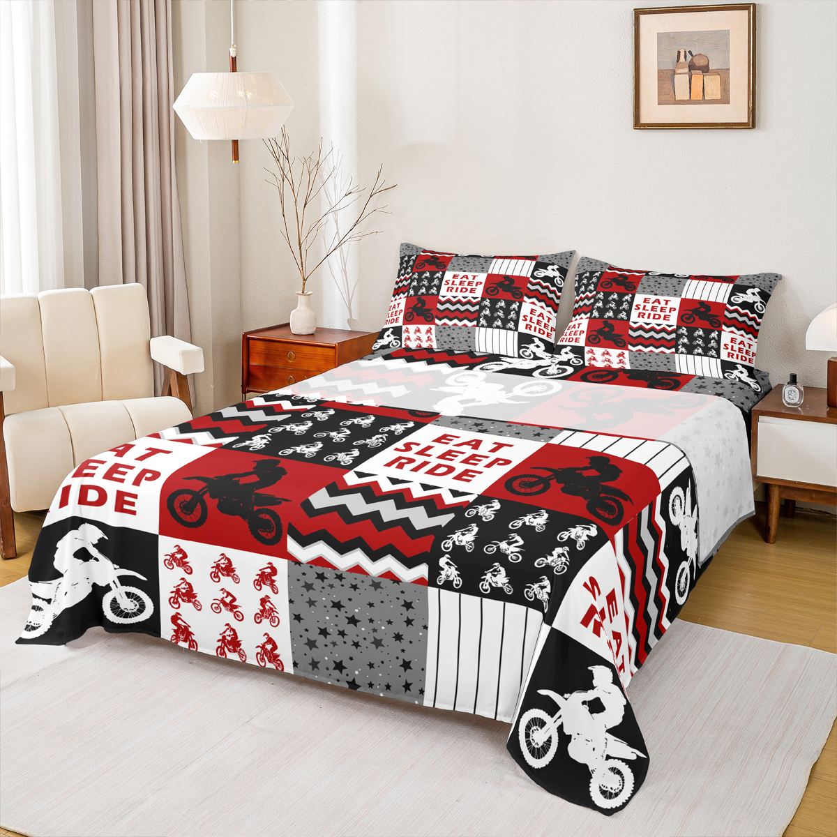 Homewish Boys Dirt Bike Full Size Sheets, Black Red Buffalo Plaid Bed ...