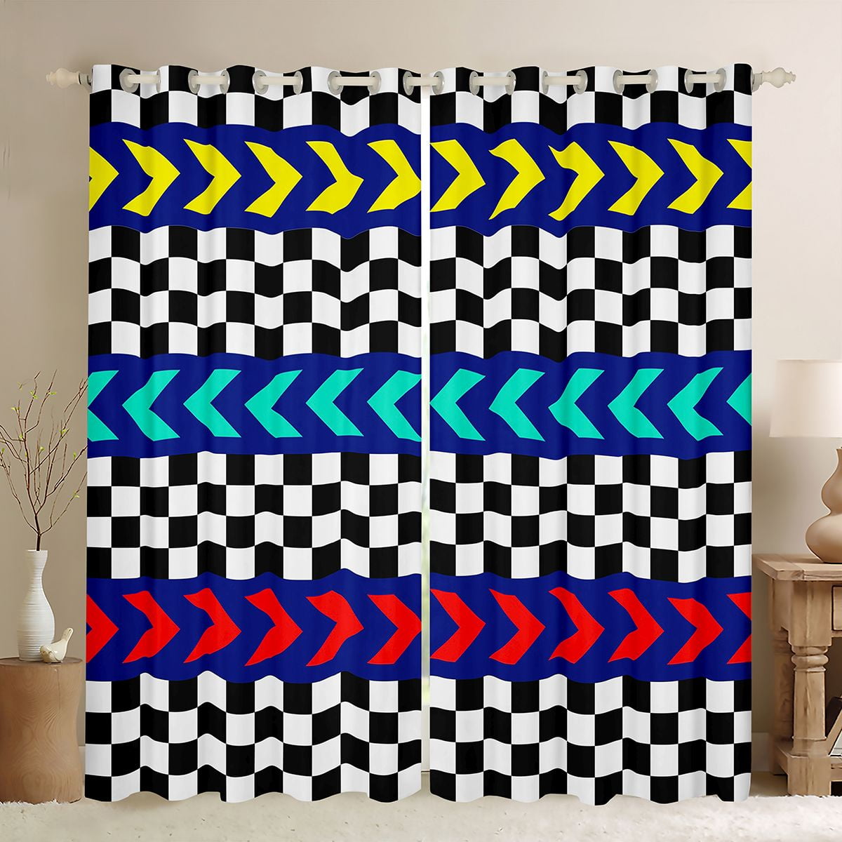Homewish Boys Girls Geometric Plaid Black Out Curtains,Racing Car Theme ...