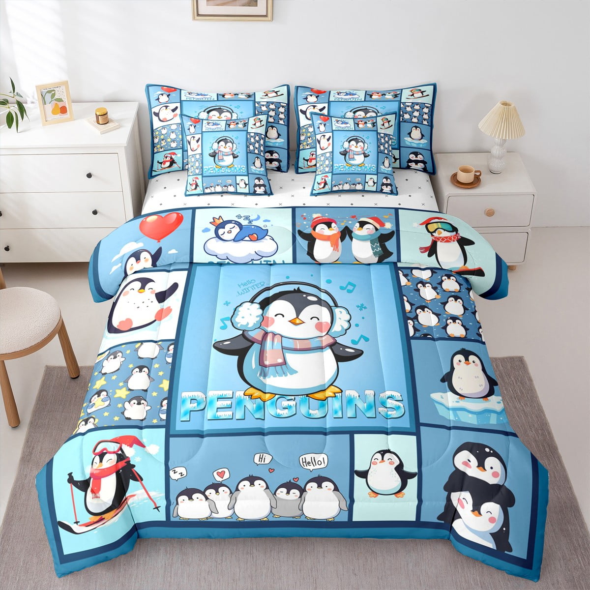 Homewish Boys Girls Kawaii Penguins Bedding Comforter Set 7pcs ...