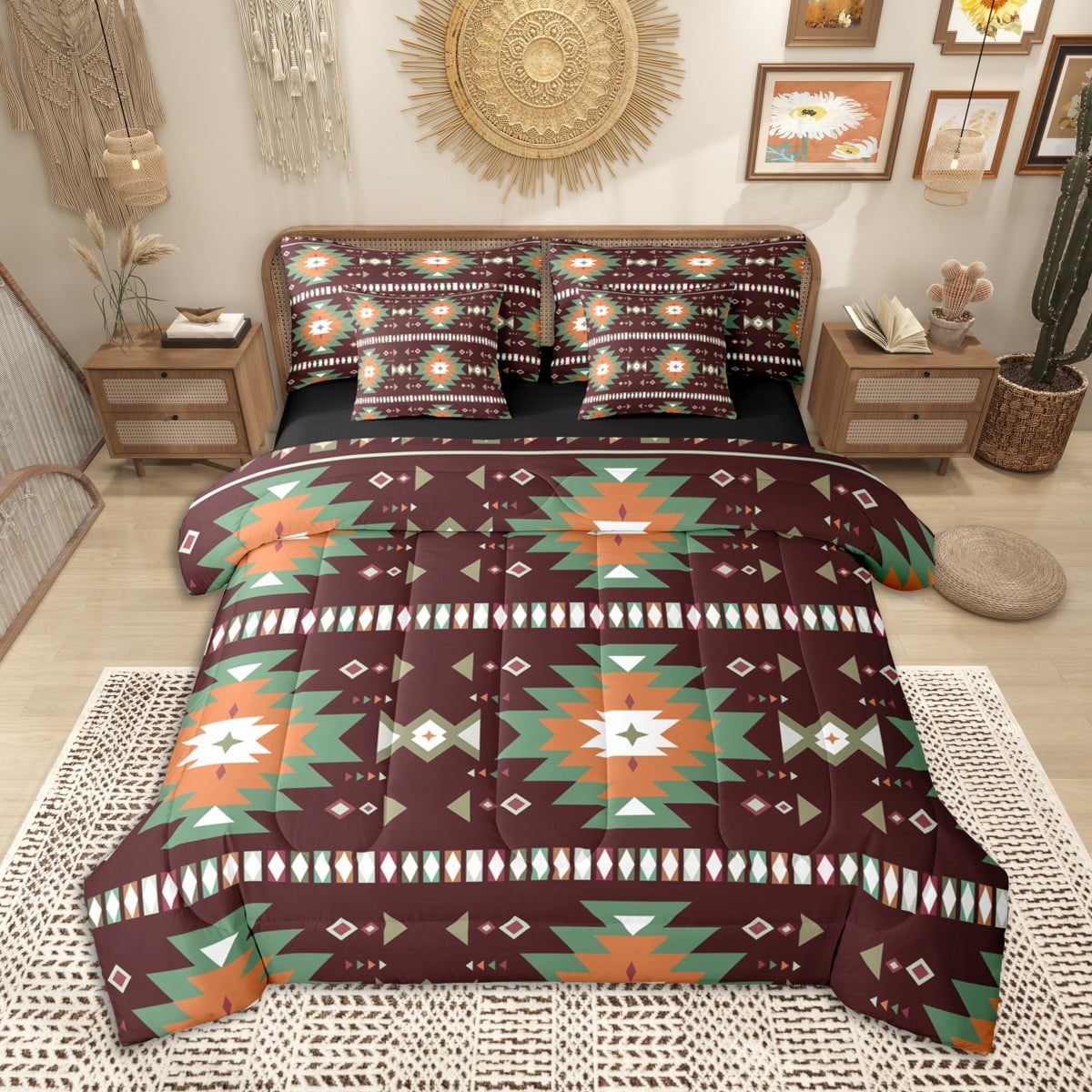 Homewish Brown Aztec Twin Bedding Sets 7-Piece, Bohemian Geometric ...