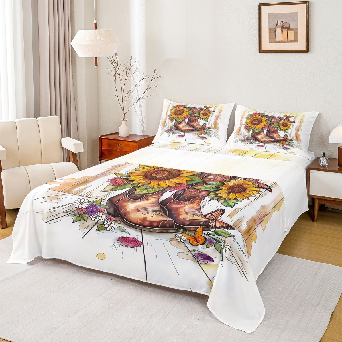 Homewish Brown Cowgirl Boot Queen Sheet Sets, Vibrant Rustic Sunflower ...