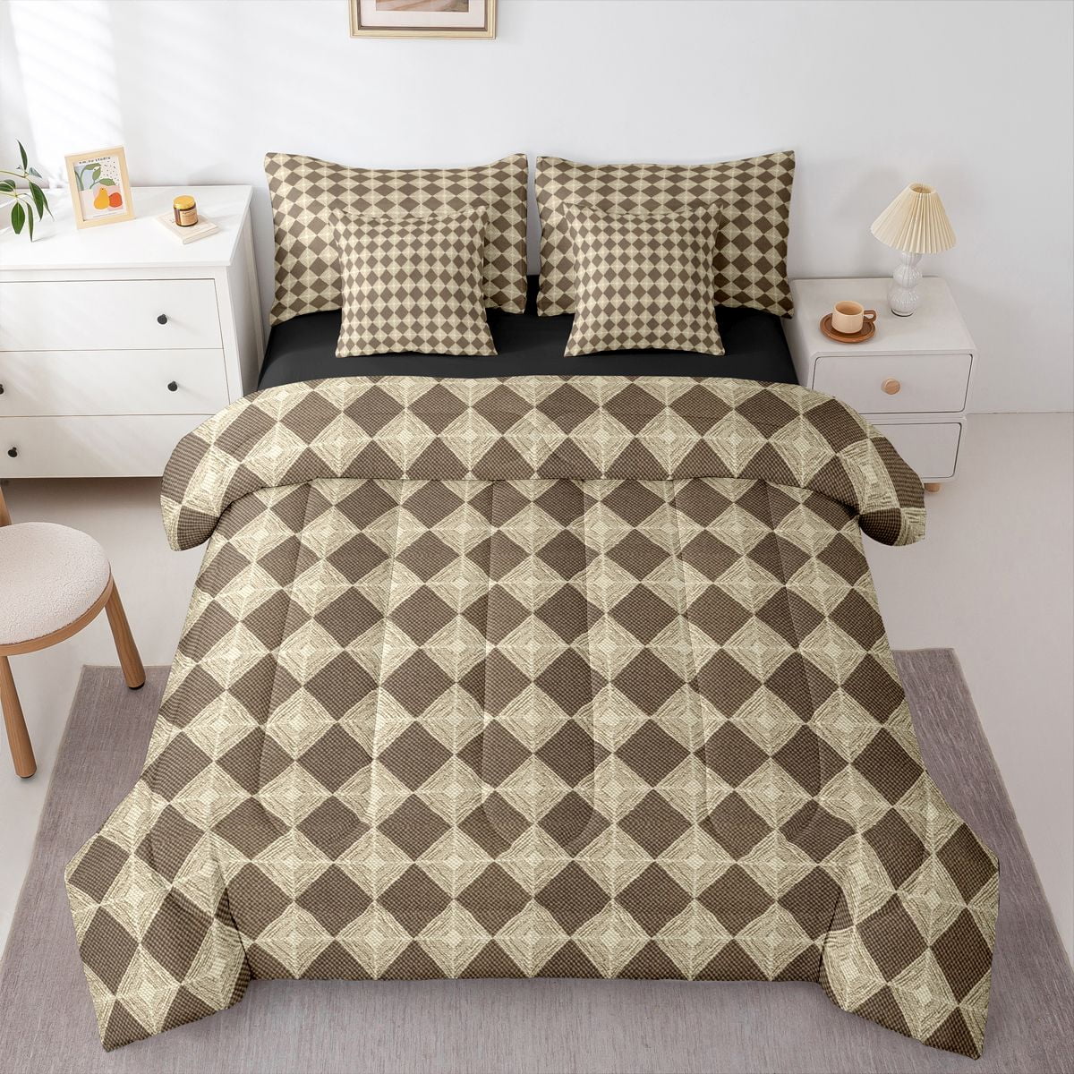 Homewish Brown Rhombus Checkered 7-Piece Bedding Comforter Set,Retro ...