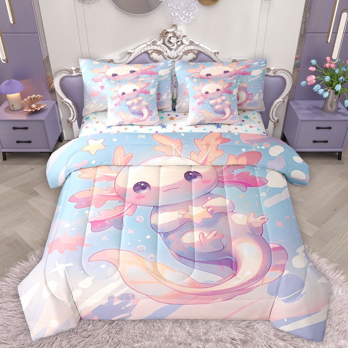 Homewish Cartoon Animal Axolotl 7-Piece Bedding Comforter Set,Pink ...