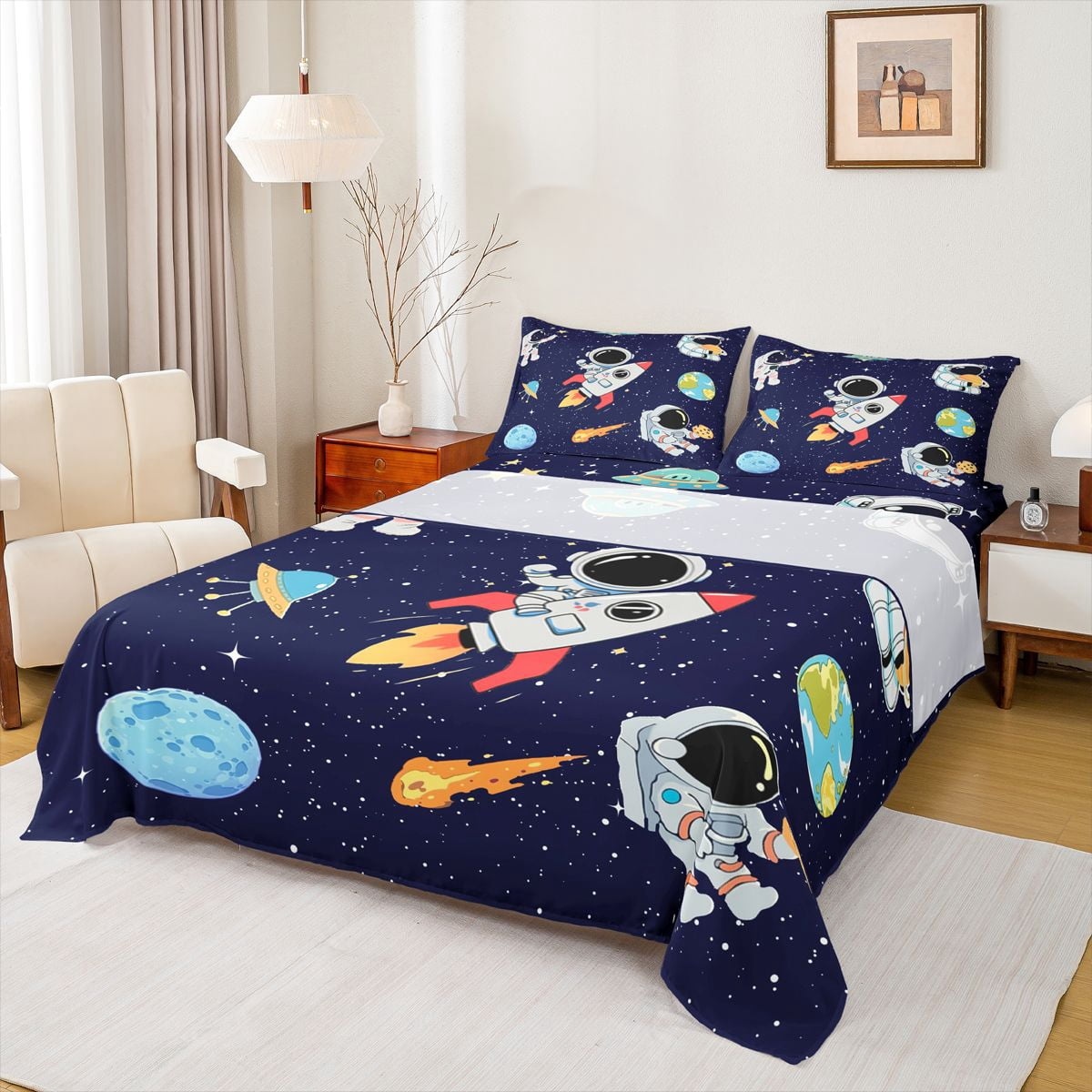 Homewish Cartoon Astronaut Rocket Full Size Sheets,Galaxy Planet Bed ...