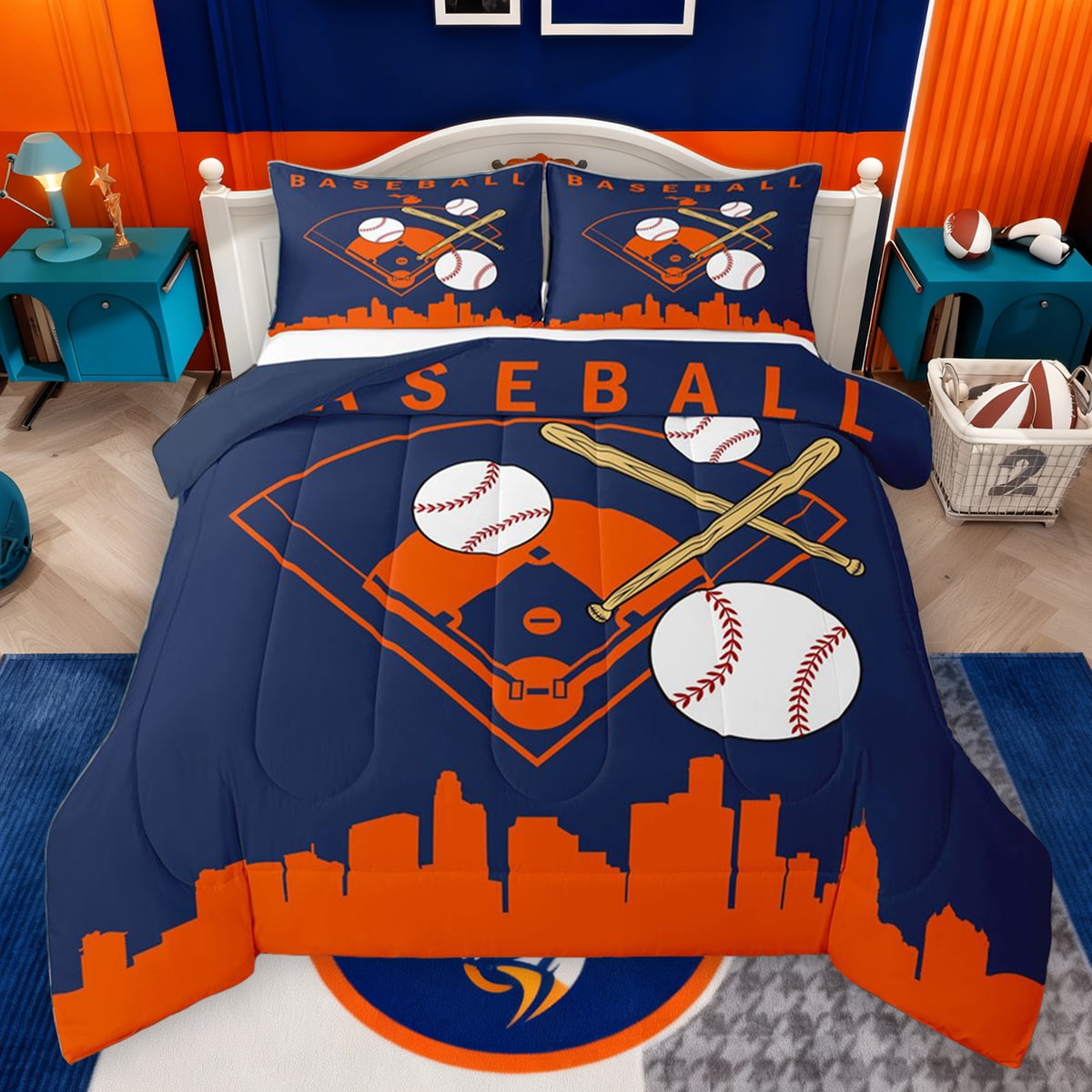 Homewish Cartoon Baseball Player Full Size Comforter Sets for Kid, Navy ...