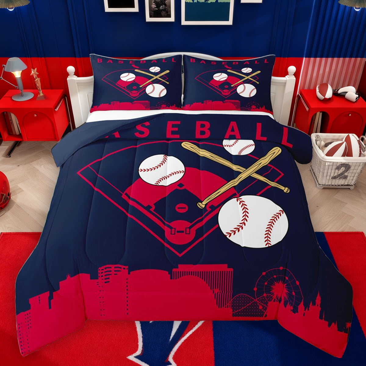 Homewish Cartoon Baseball Player Full Size Comforter Sets for Kid, Navy ...