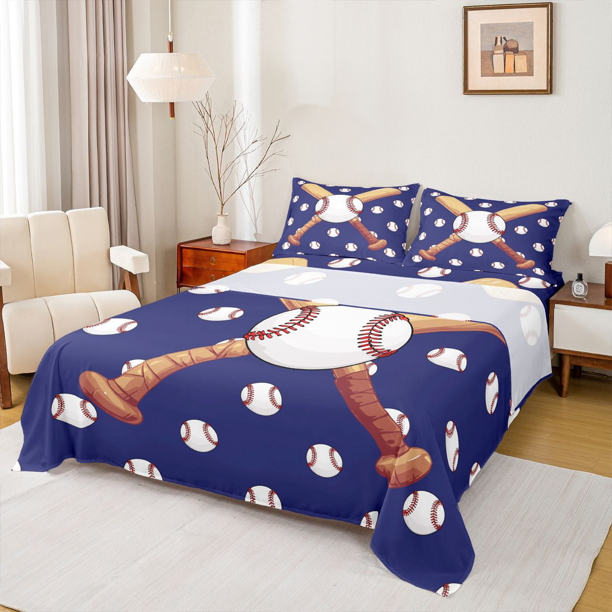 Homewish Cartoon Baseball Print Full Size Sheets, Ball Sports Lover Bed ...