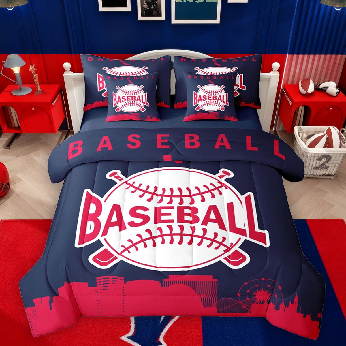 Homewish Cartoon Baseball Sport Bedding Comforter Set 7 Pieces for Kids ...