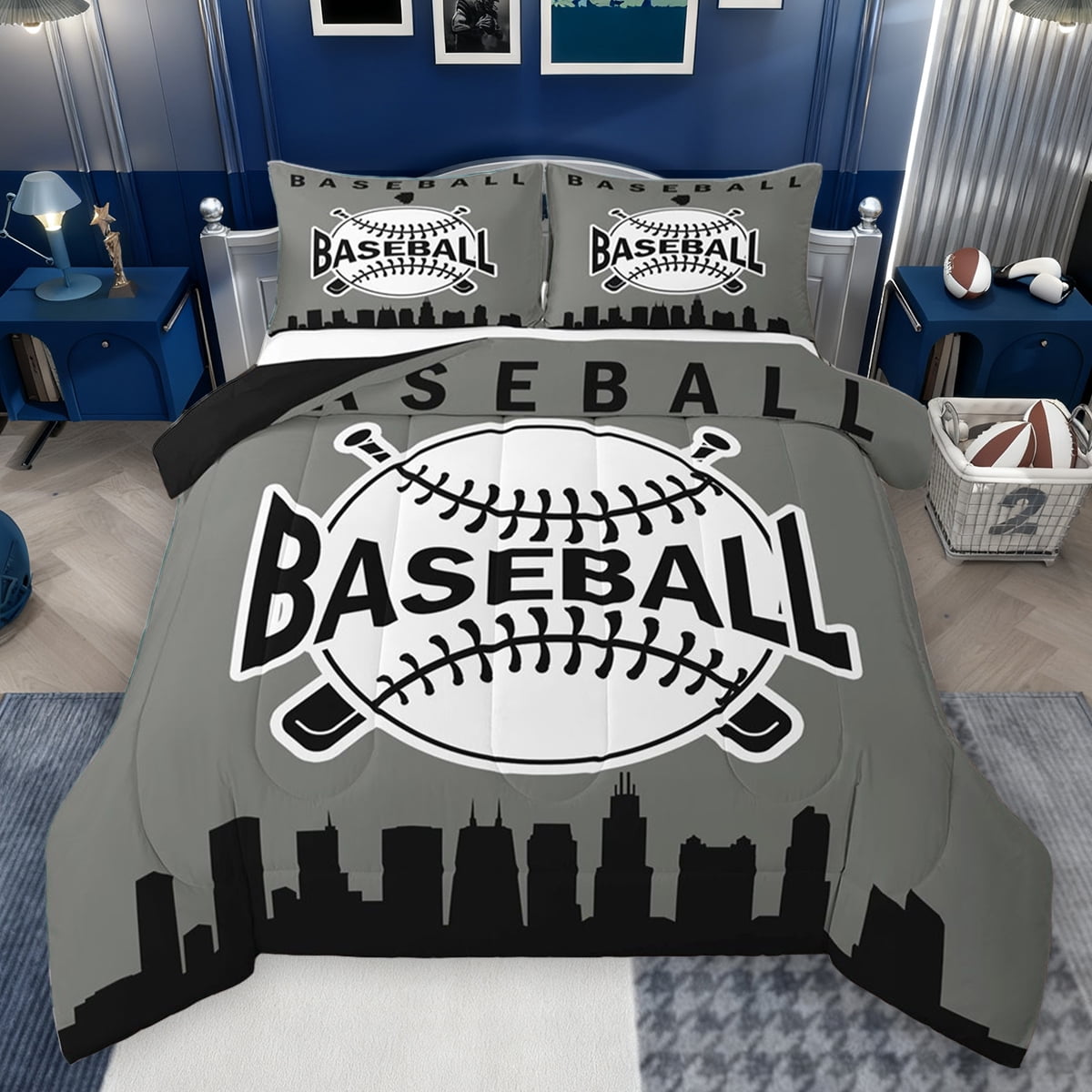 Homewish Cartoon Baseball Sport Bedding Comforter Set for Kids, Grey ...