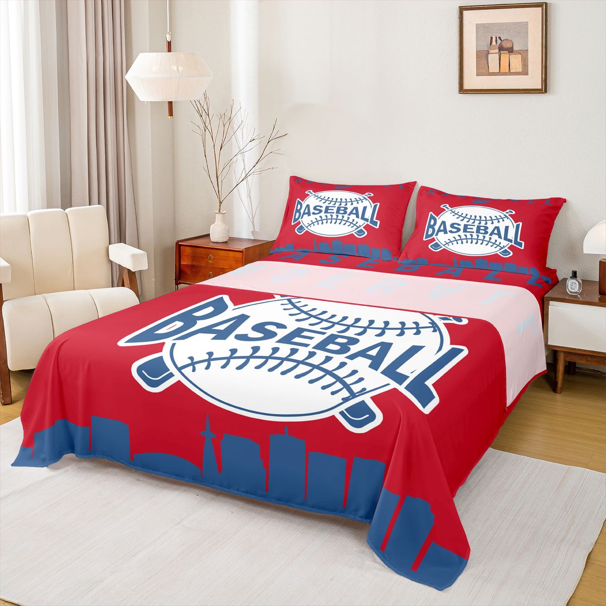 Homewish Cartoon Baseball Sport Twin Sheet Sets for Kids, Red Navy ...