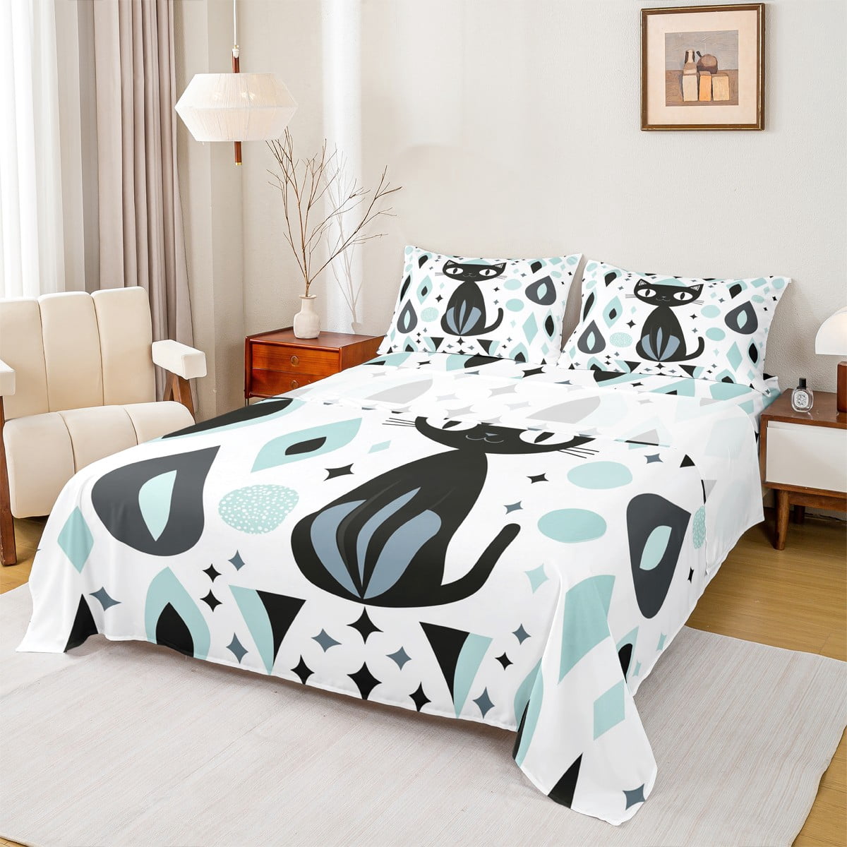 Homewish Cartoon Black Cats Full Size Sheets 4-Piece for Kids Teens ...