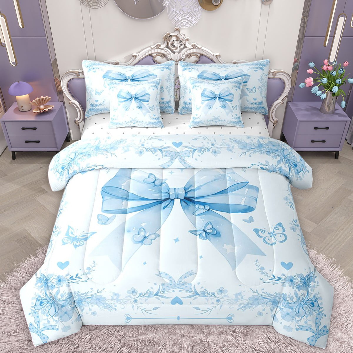 Homewish Cartoon Blue Bow 7 Pieces Bedding Comforter Set For Boys Girls ...