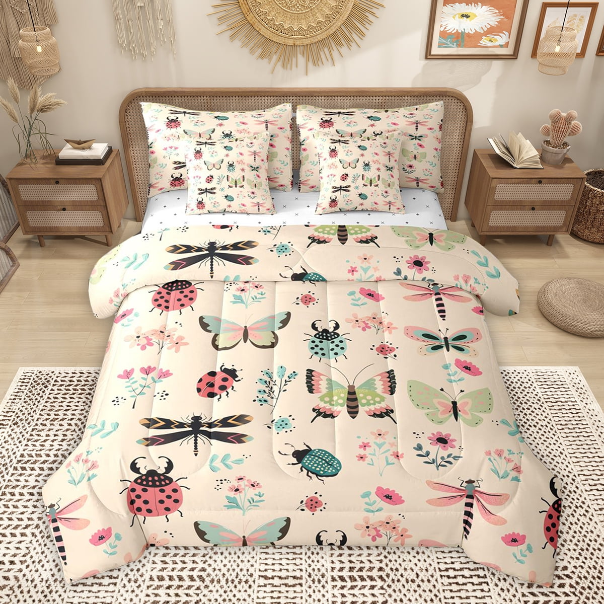 Homewish Cartoon Butterfly Ladybug Bedding Comforter Set 7pcs, Cute ...