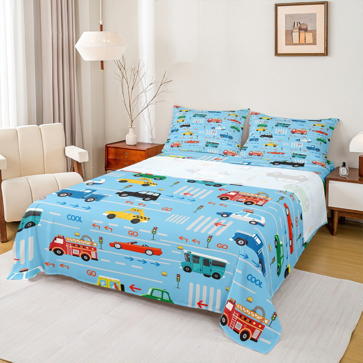 Homewish Cartoon Car Twin Sheet Sets,Fire Truck Twin Fitted Sheet ...