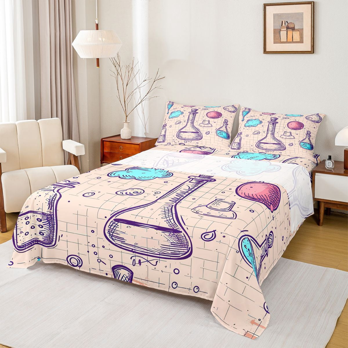 Homewish Cartoon Chemical Experiment Queen Sheet Sets, Kawaii Blue ...
