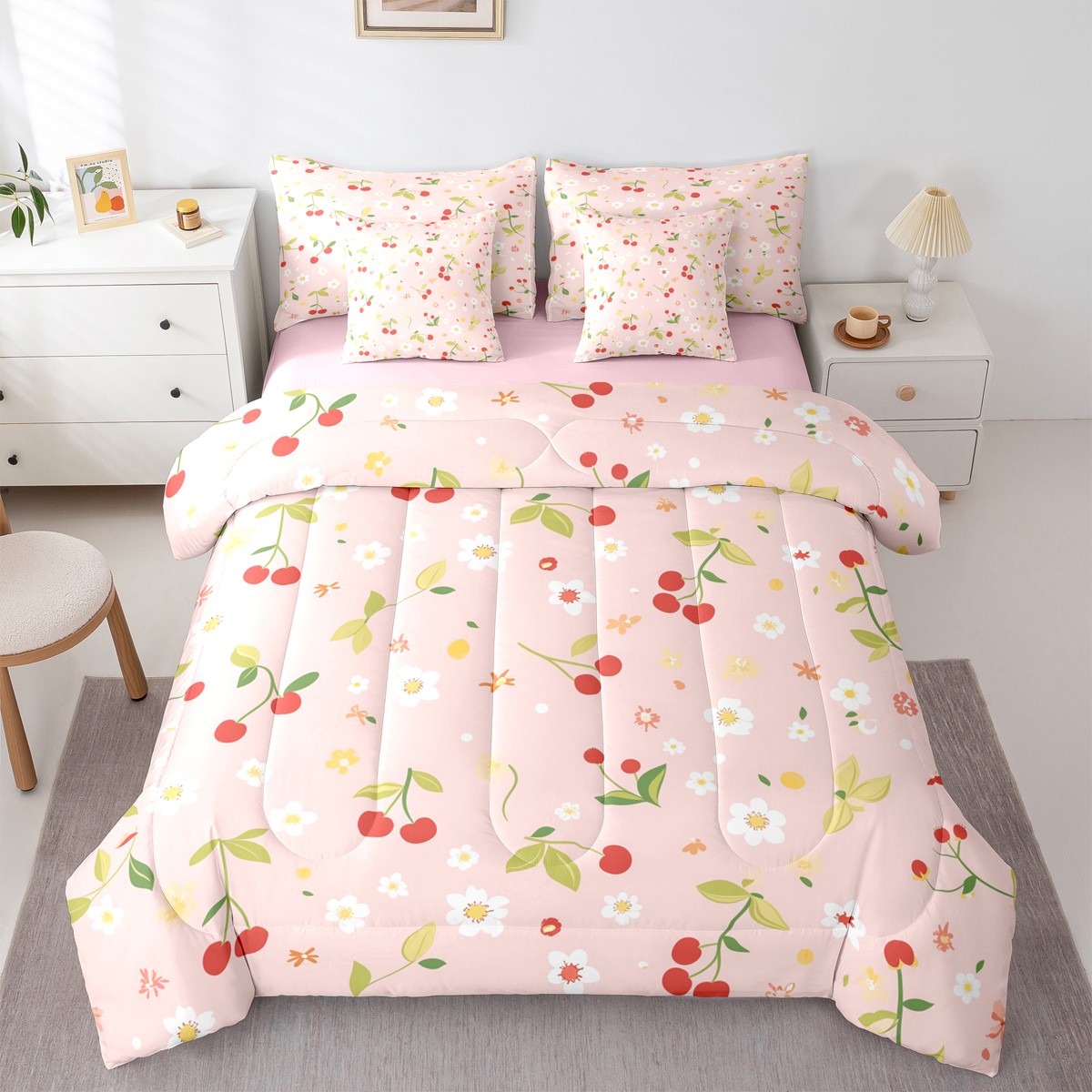 Homewish Cartoon Cherry Bedding Comforter Set 7pcs for Female Men ...