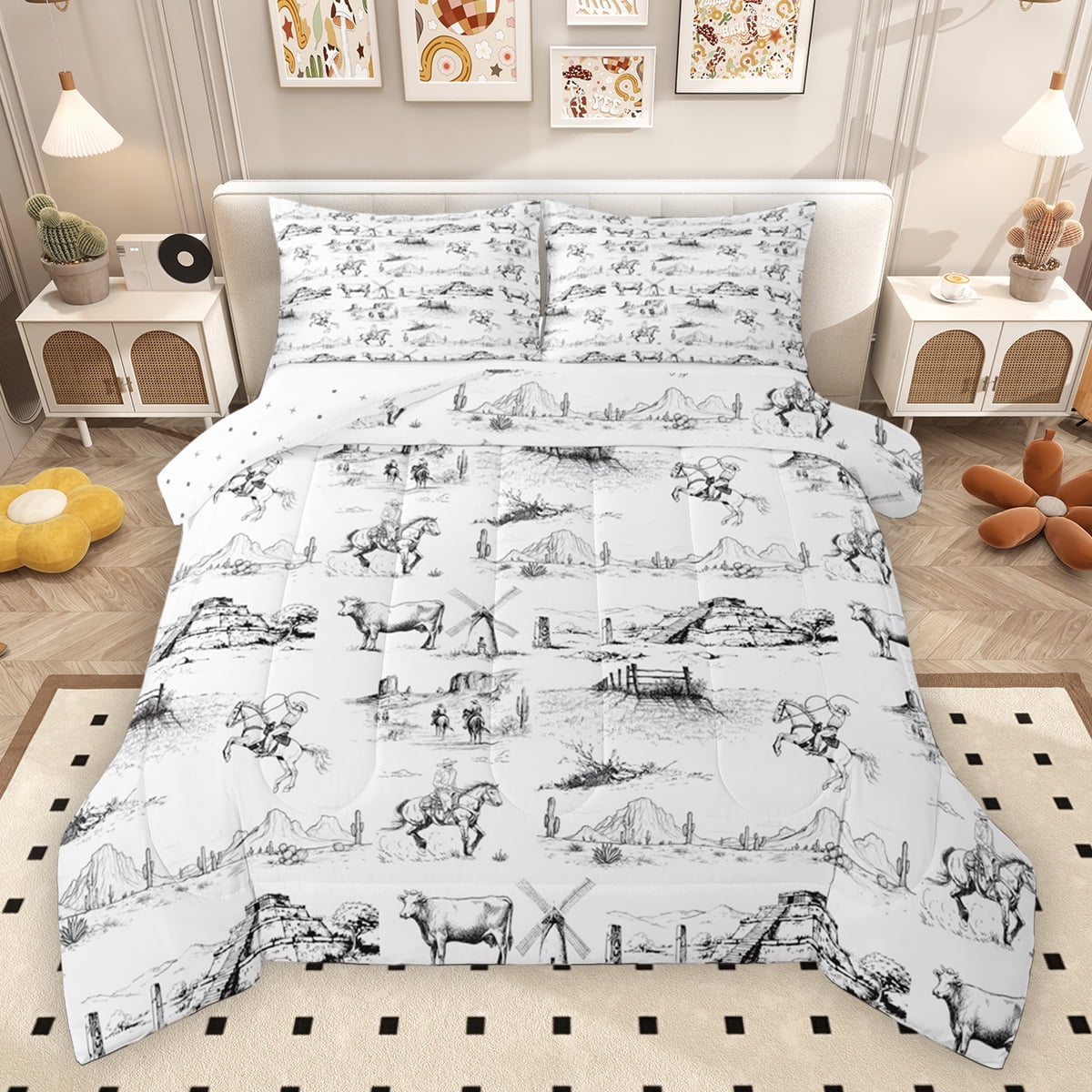 Homewish Cartoon Cowgirl Cowboy Bedding Comforter Set, Farmhouse Cow ...