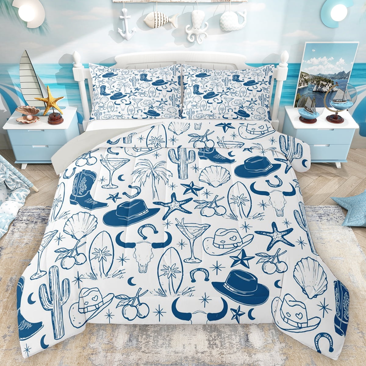 Homewish Cartoon Cowgirl Hat Bedding Comforter Set for Kids, Blue ...