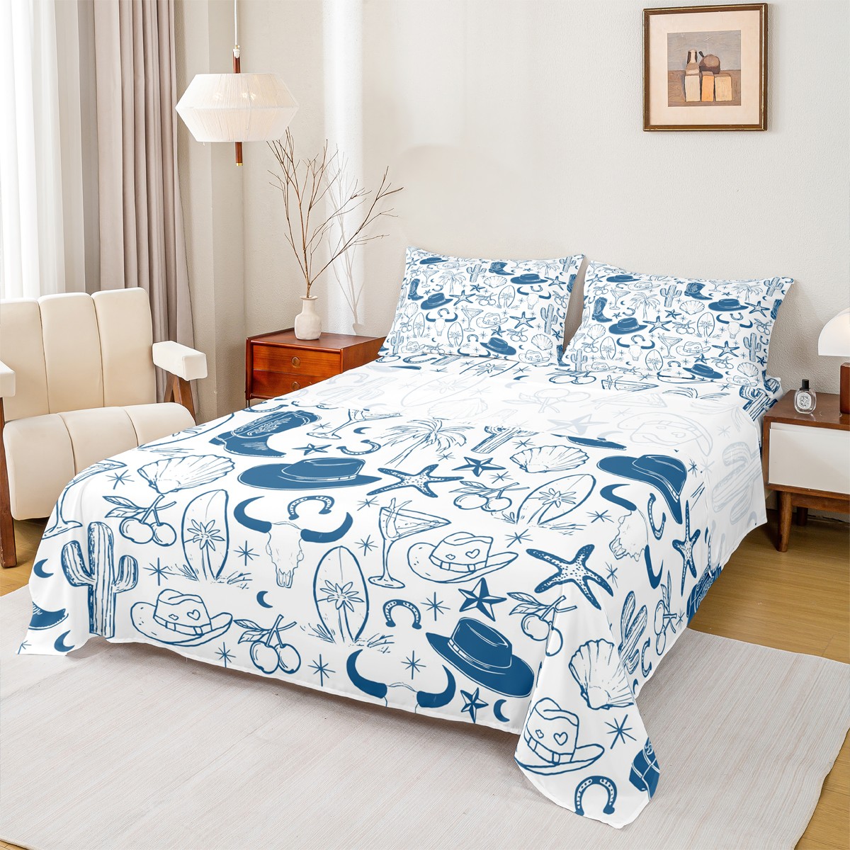 Homewish Cartoon Cowgirl Hat Full Size Sheets for Kids, Blue Western ...