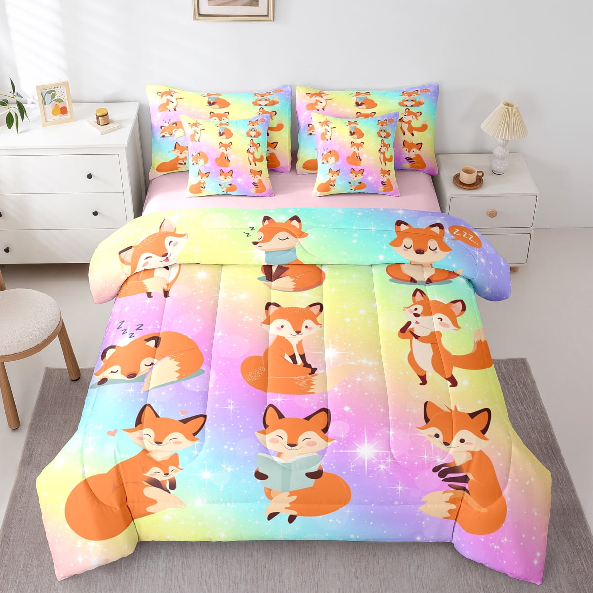 Homewish Cartoon Cute Fox Bedding Comforter Set 7pcs for Teens, Kawaii ...