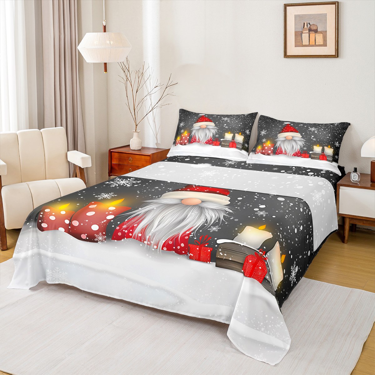 Homewish Cartoon Cute Gnome Queen Sheet Sets, Magic Christmas Eve Flat ...