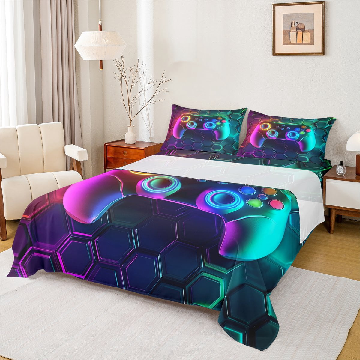 Homewish Cartoon Cyan Gamepad Bed Sheets, Fashion Graffiti Watercolor ...