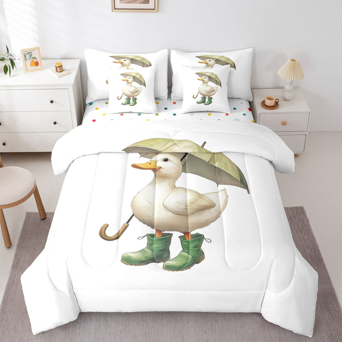 Homewish Cartoon Duck Animal Bedding Comforter Set 7-Piece, Cute Kawaii ...