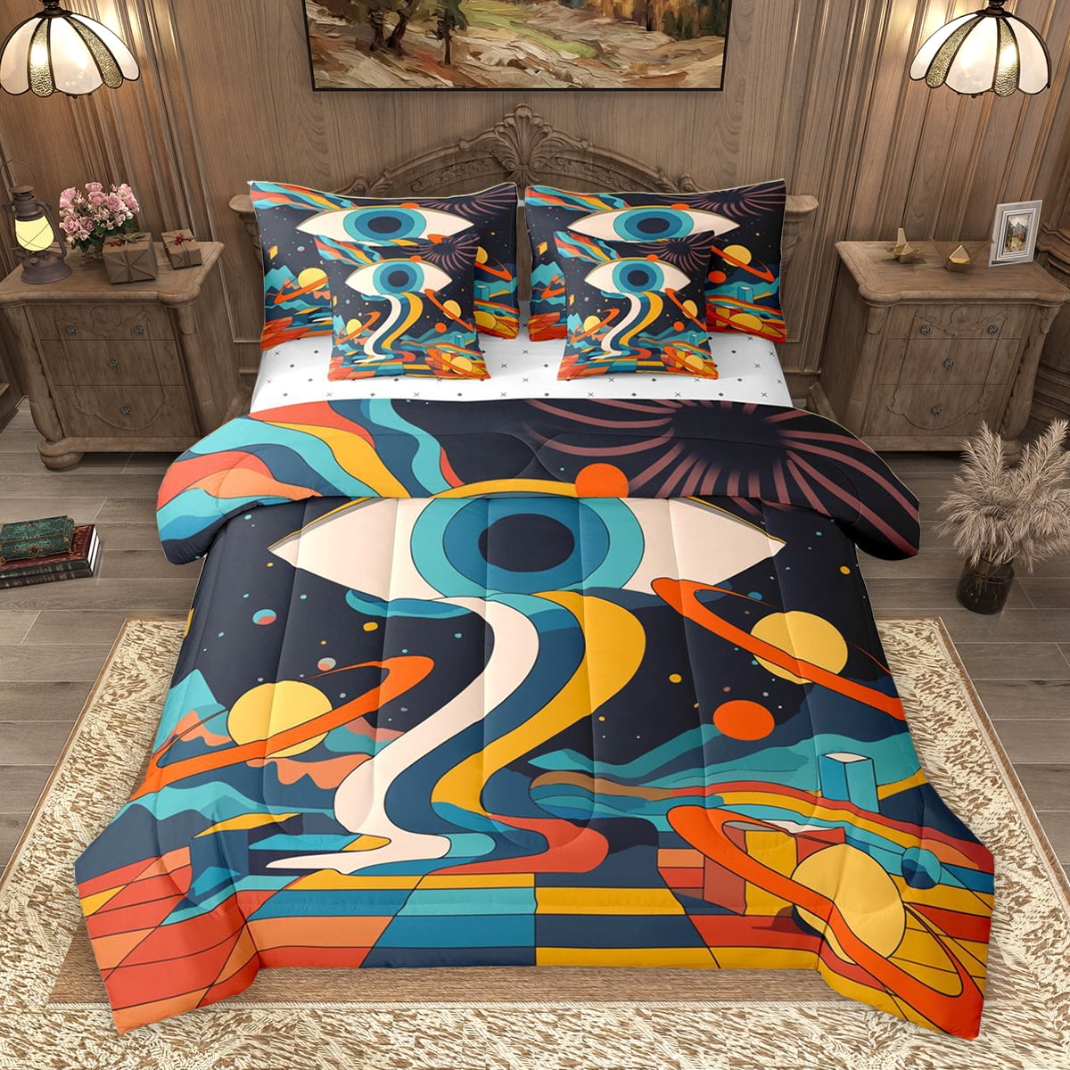 Homewish Cartoon Eye 7-Piece Kid Bedding, Stripe Planet Reversible ...