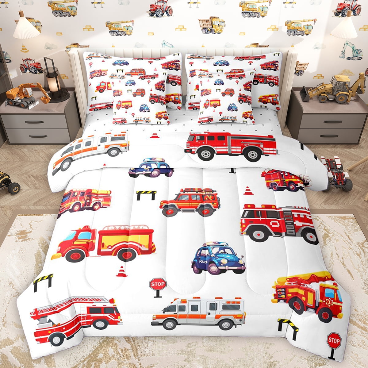 Homewish Cartoon Fire Engine 7-Piece Twin Bedding Sets,Cute Cartoon Car ...