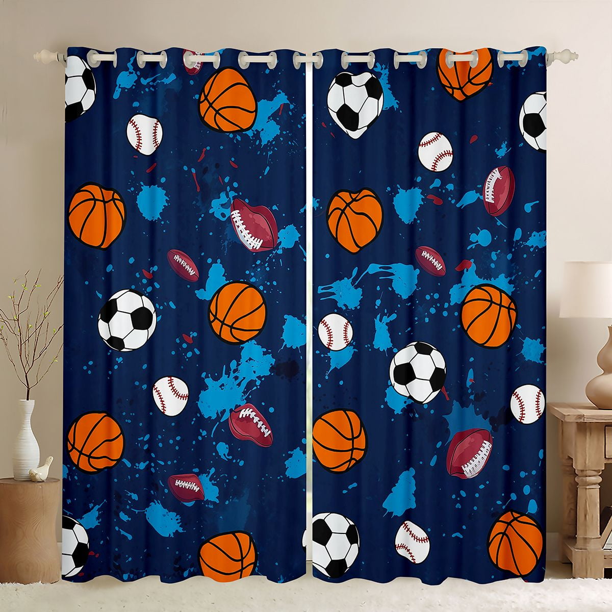 Homewish Cartoon Football Basketball Blackout Curtains Set of 2 (52x84 ...