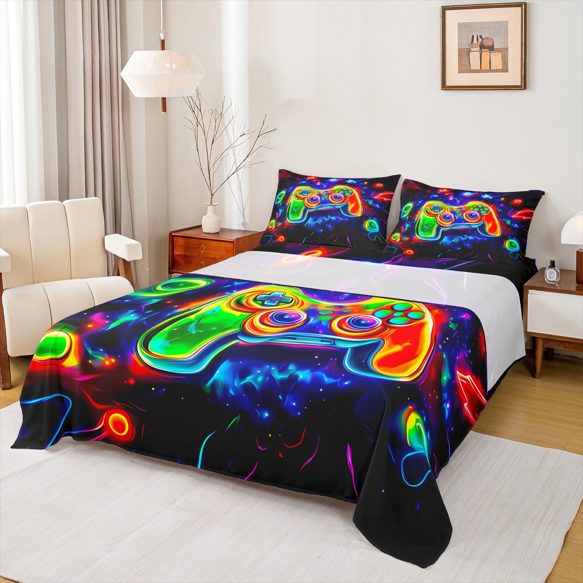 Homewish Cartoon Game Console Bed Sheets for Kids, Neon Mystic Galaxy ...