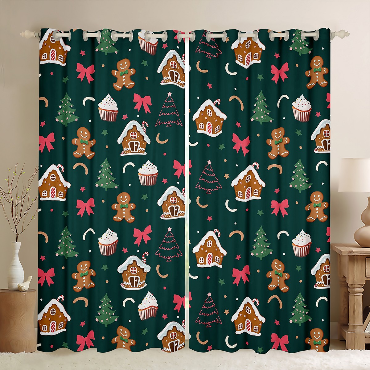 Homewish Cartoon Gingerbread Man Black Out Curtains, Winter Christmas ...