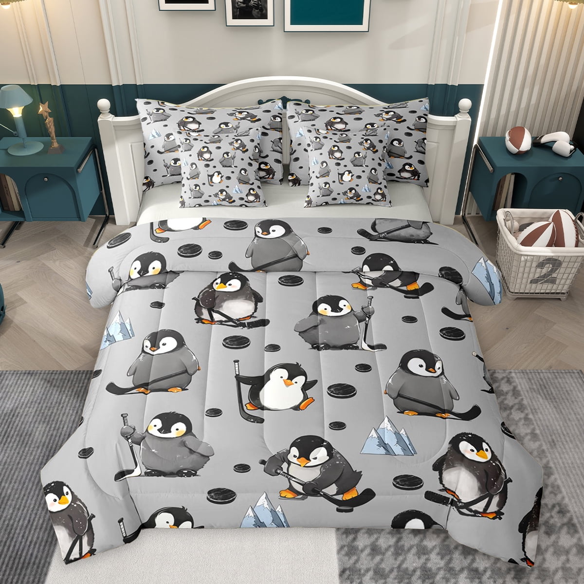Homewish Cartoon Grey Penguin Bedding Comforter Set 7pcs, Ice Hockey ...
