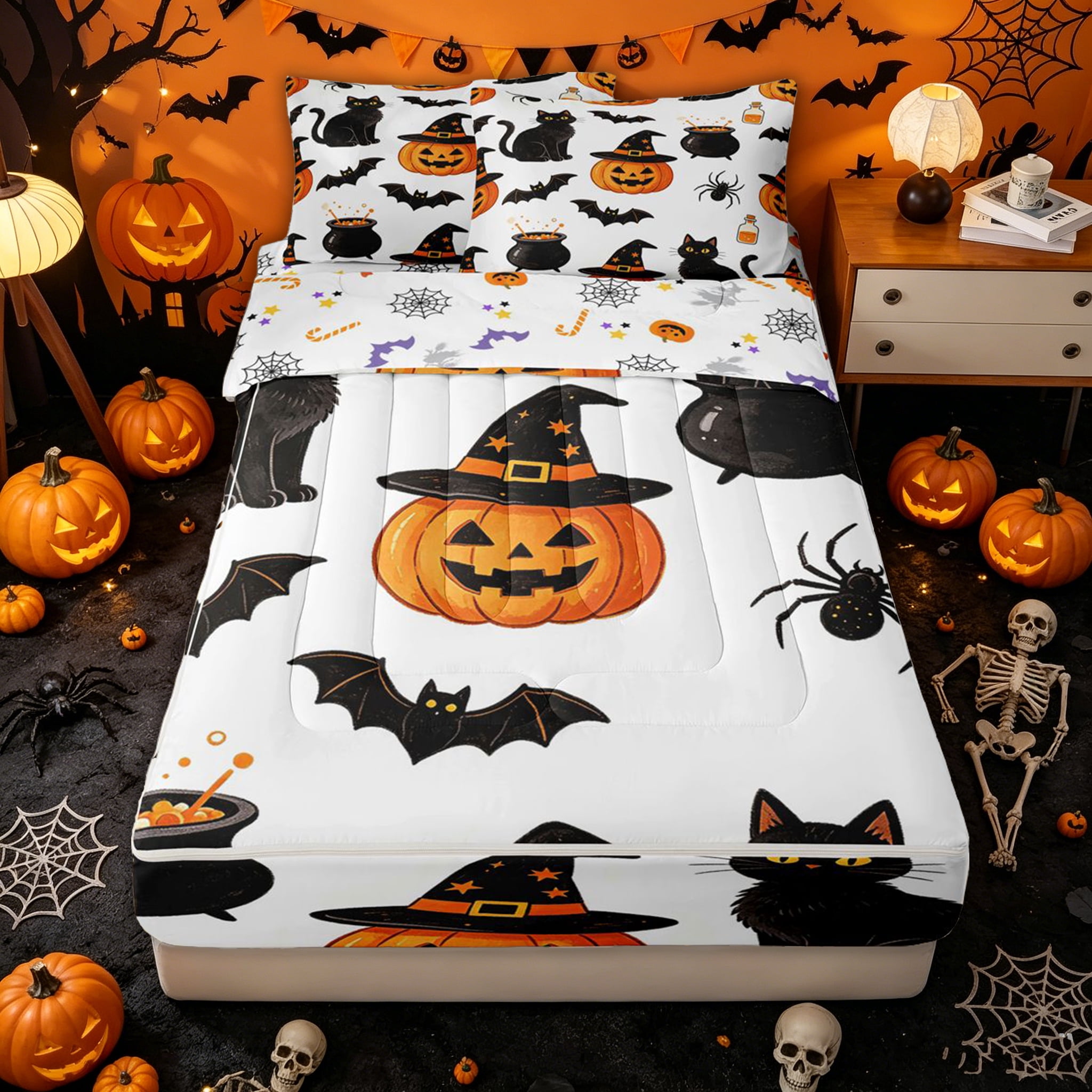 Homewish Cartoon Halloween Cat Zipper Queen Comforter Set with Fitted ...
