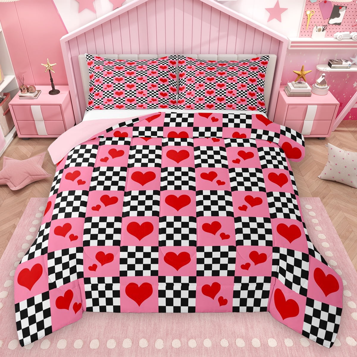 Homewish Cartoon Heart Pattern Bedding Comforter Set,Classic Checkered ...