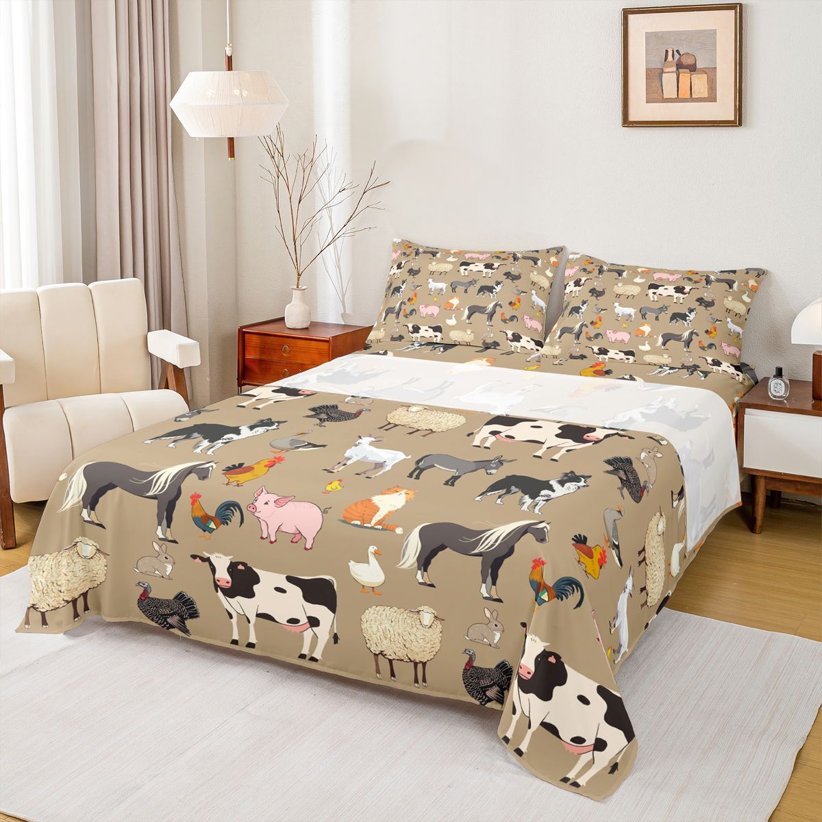 Homewish Cartoon Horse Sheep Bed Sheets, Kawaii Cow Dog Pig Rooster ...