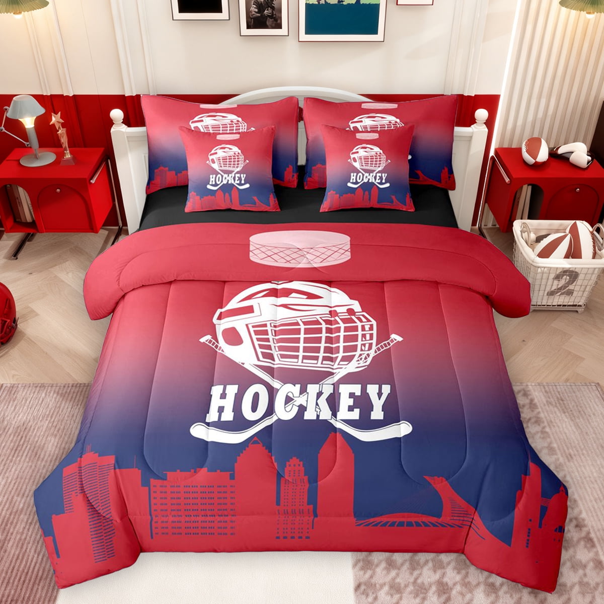 Homewish Cartoon Ice Hockey Bedding Comforter Set 7 Pieces for Kids ...