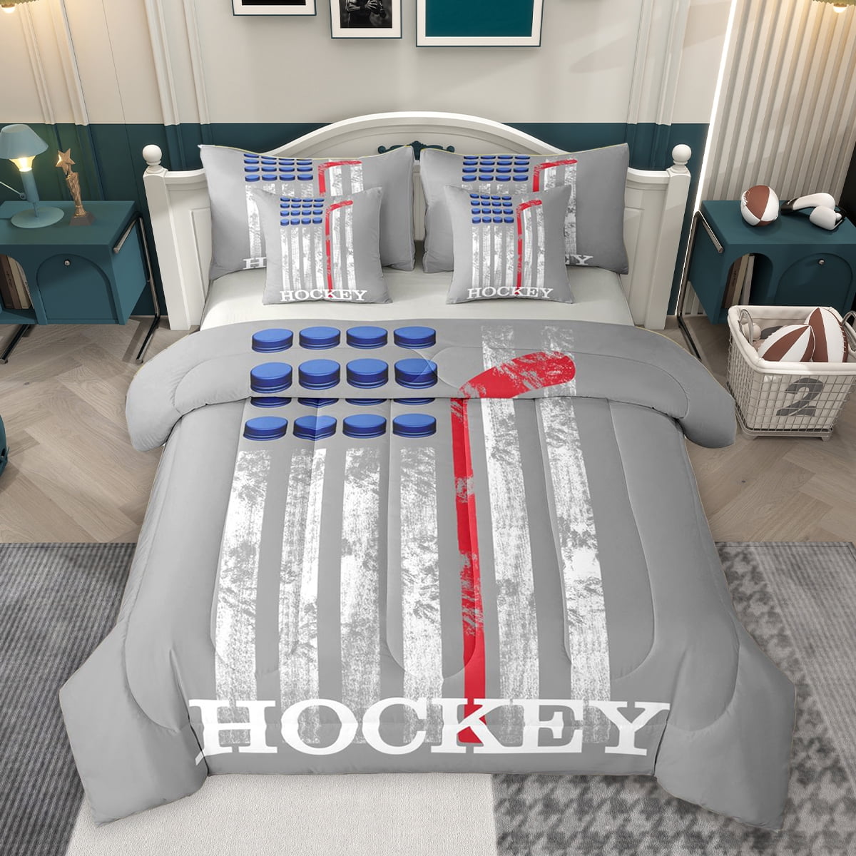 Homewish Cartoon Ice Hockey Bedding Comforter Set 7pcs, Eat Sleep ...