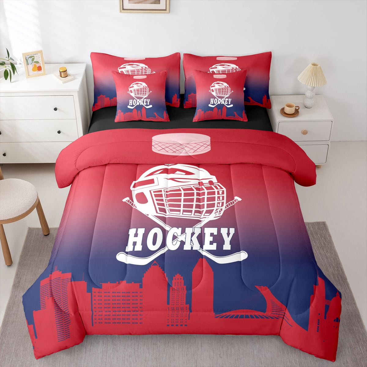 Homewish Cartoon Ice Hockey Bedding Comforter Set 7pcs for Kids, Modern ...