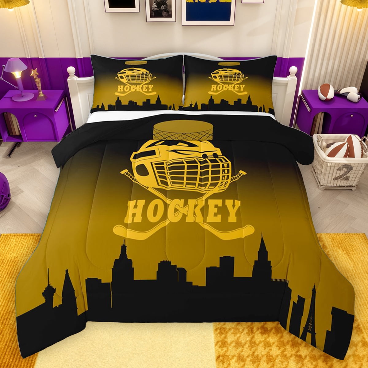 Homewish Cartoon Ice Hockey Bedding Comforter Set for Kids, Modern ...