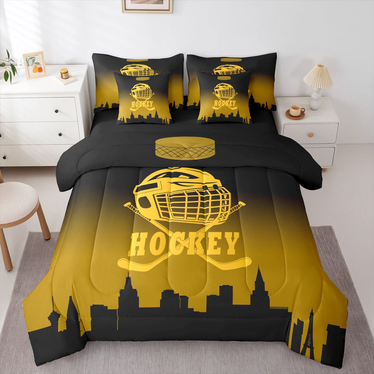 Homewish Cartoon Ice Hockey Twin Bedding Sets 7-Piece for Kids, Modern ...