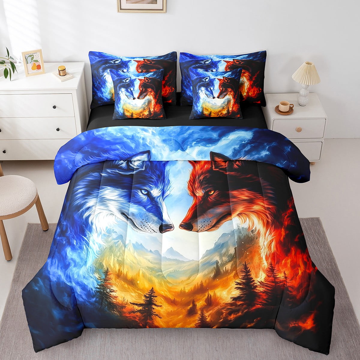 Homewish Cartoon Jungle Wolf Bedding Comforter Set 7pcs for Teen, Blue ...