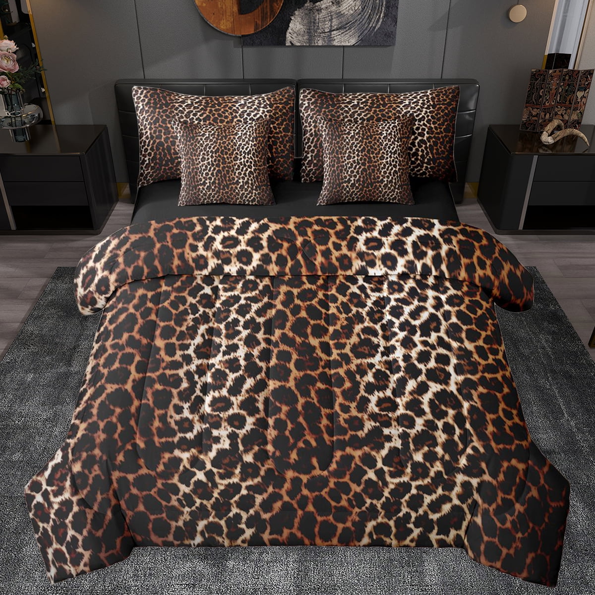 Homewish Cartoon Leopard Print Bedding Comforter Set 7 Pieces, Brown ...