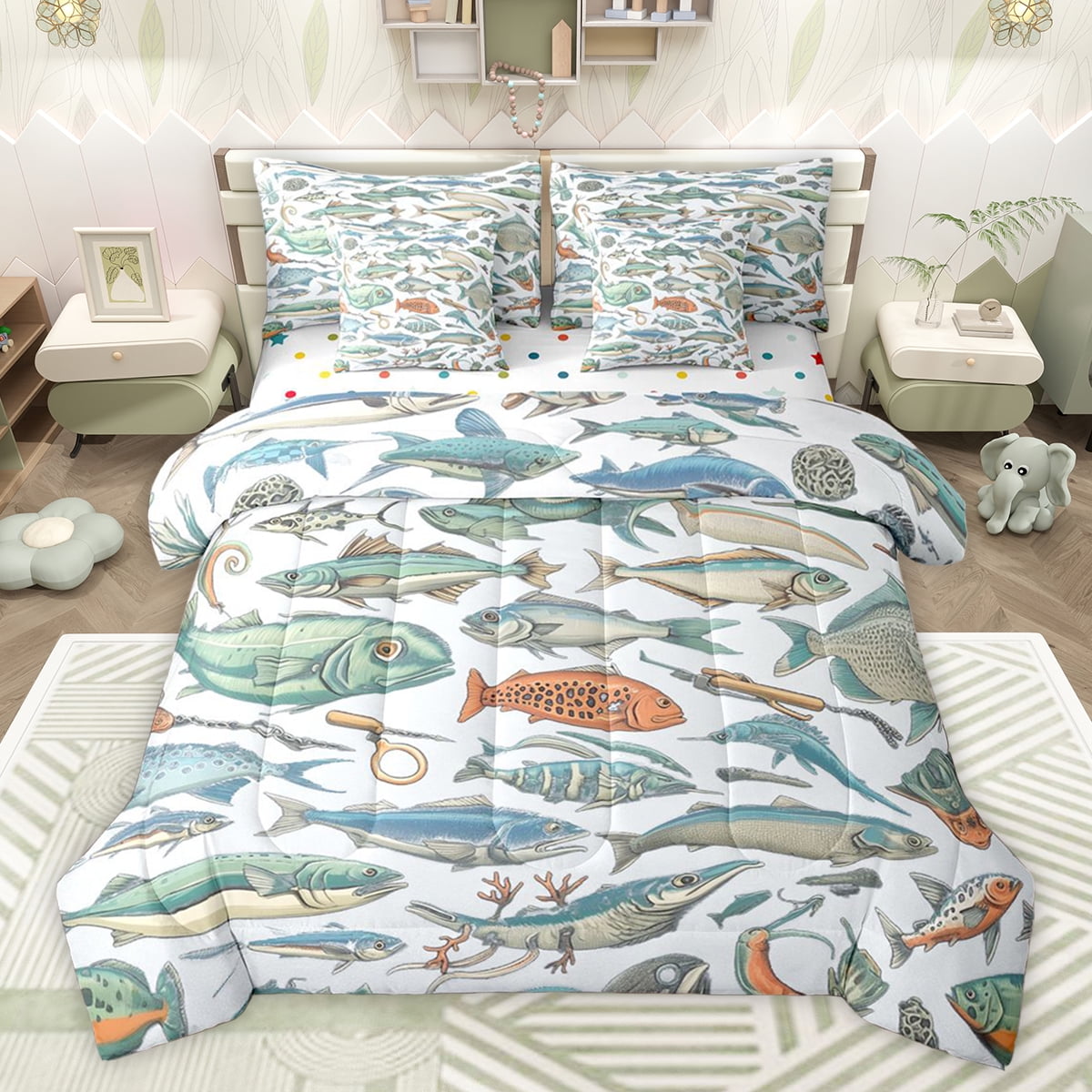 Homewish Cartoon Pike Fish Bedding Comforter Set 7pcs for Kids, Hunting ...
