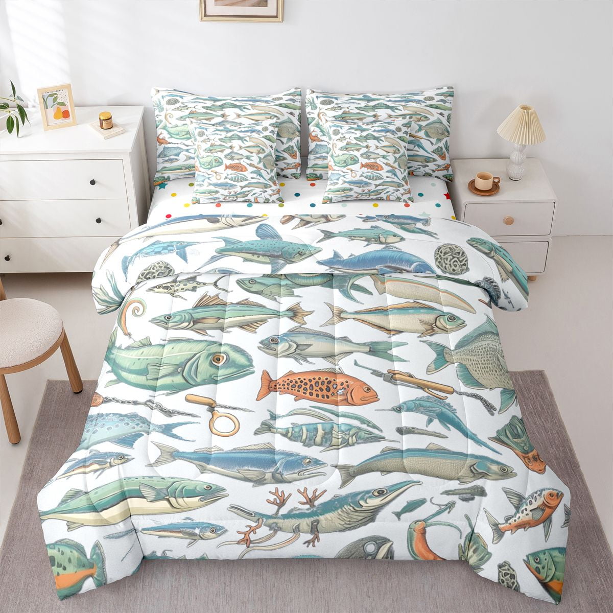 Homewish Cartoon Pike Fish Bedding Comforter Set 7pcs for Kids, Hunting ...