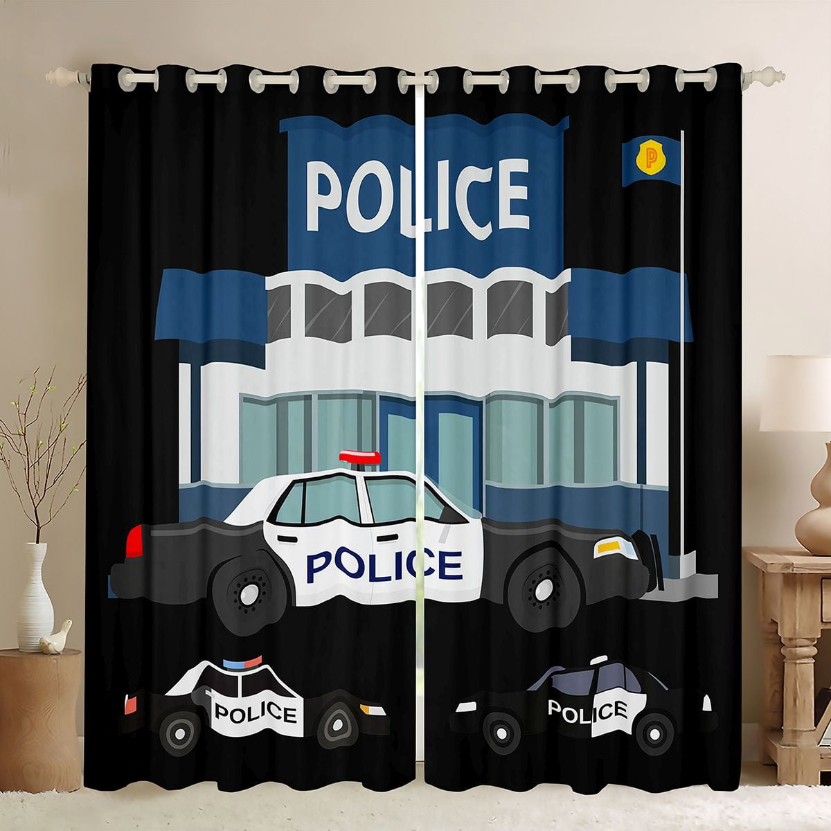 Homewish Cartoon Police Car Blackout Curtains Set of 2 (52x84 Each) for ...