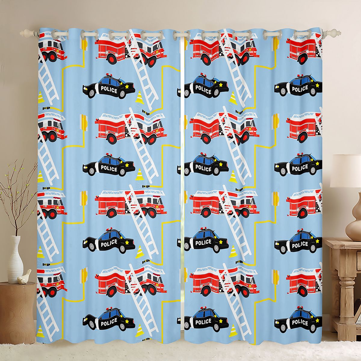 Homewish Cartoon Police Car Blackout Curtains Set of 2 (52x84 Each) For ...