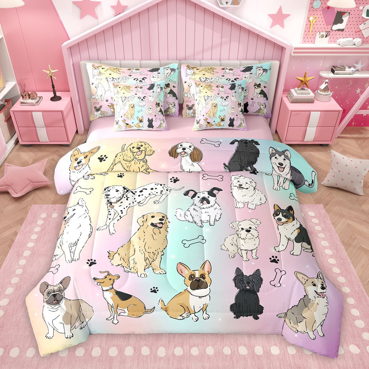 Homewish Cartoon Pug Dog Bedding Comforter Set 7 Pieces for Teens ...